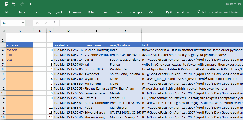 A Real-Time Python Twitter Feed in Excel - PyXLL